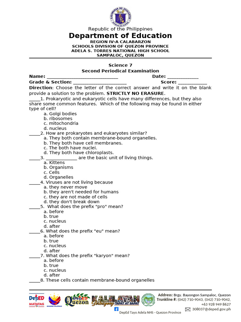 DMOS SCIENCE 7 2ND QUARTER EXAM SY 2024-2025 | PDF | Cell (Biology ...