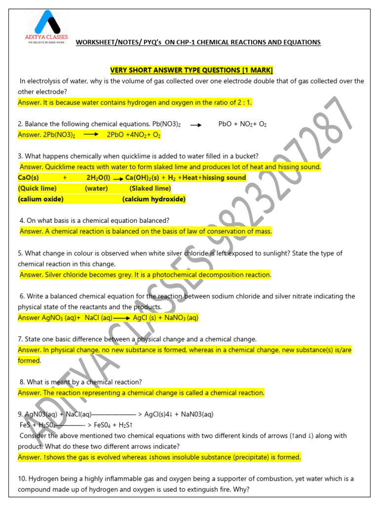 Worksheet On Chp-0-1chemical Reactions and Equations | PDF | Chemical Reactions | Redox