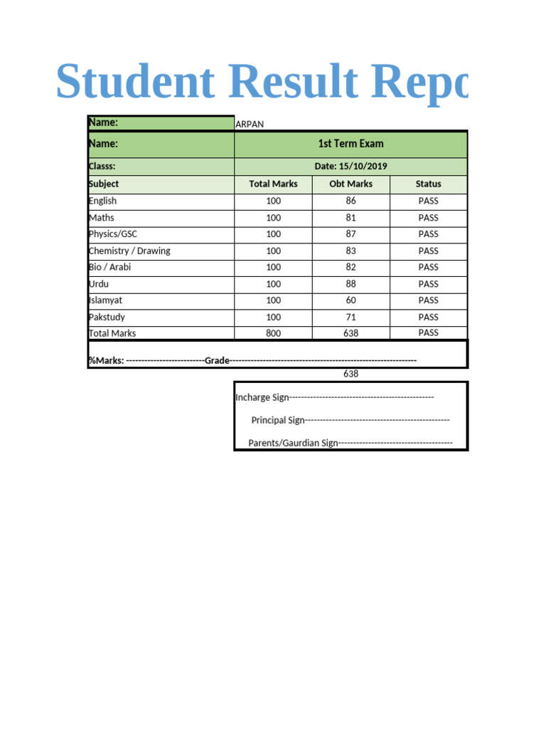 Student Result Report Card in Ms Excel 2019 | PDF | Educational Assessment And Evaluation
