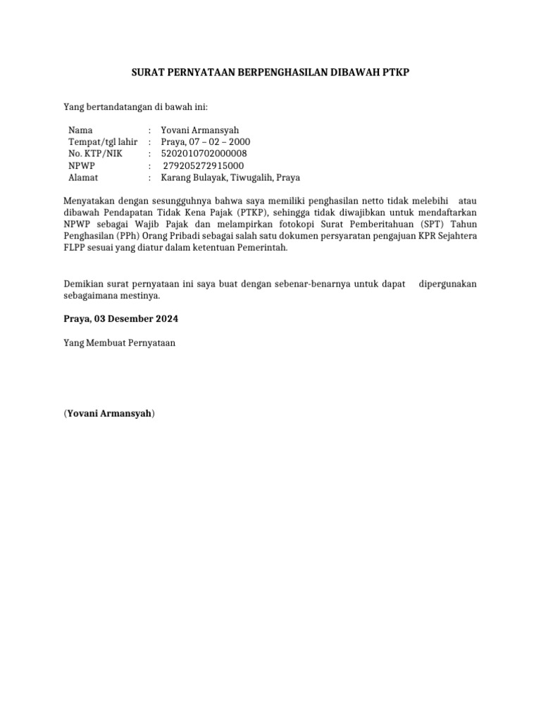 Surat Pernyataan Berpenghasilan Dibawah PTKP | PDF