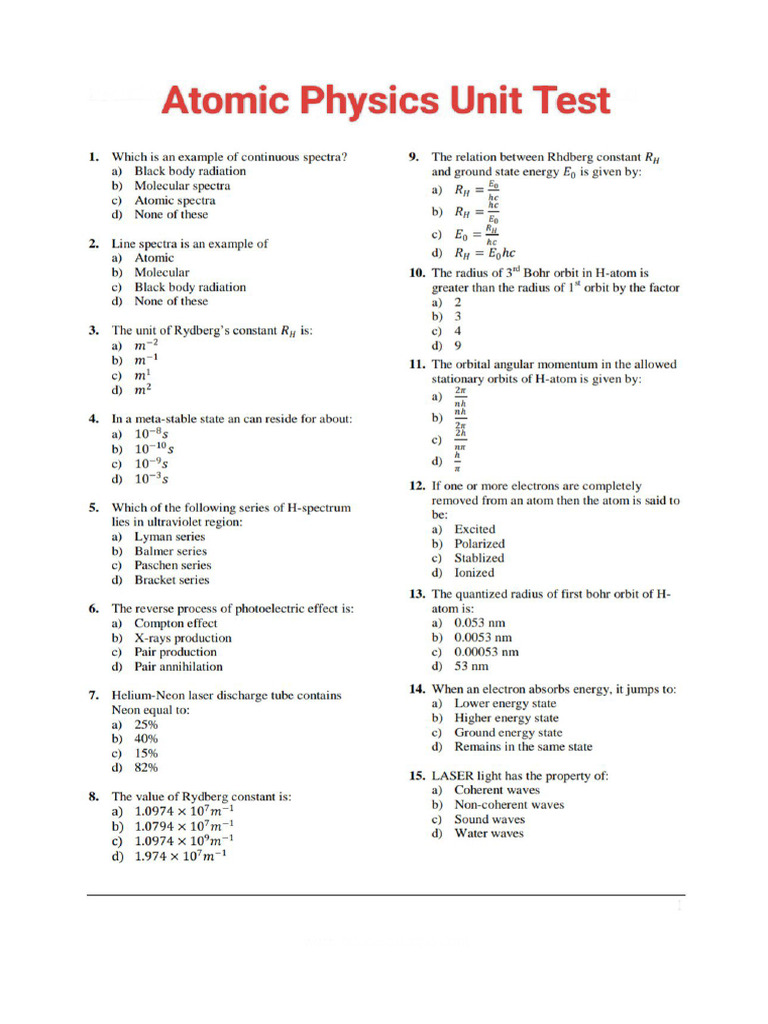 Atomic Physics Unit Test | PDF