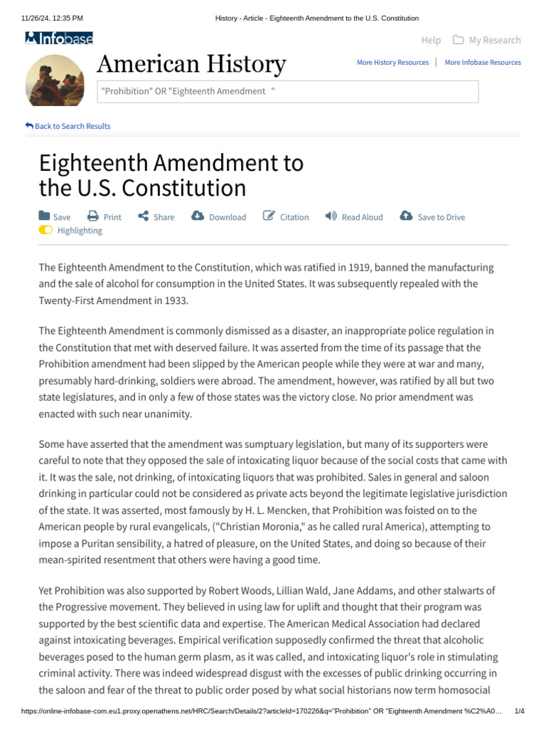 History - Article - Eighteenth Amendment To The U.S. Constitution | PDF ...