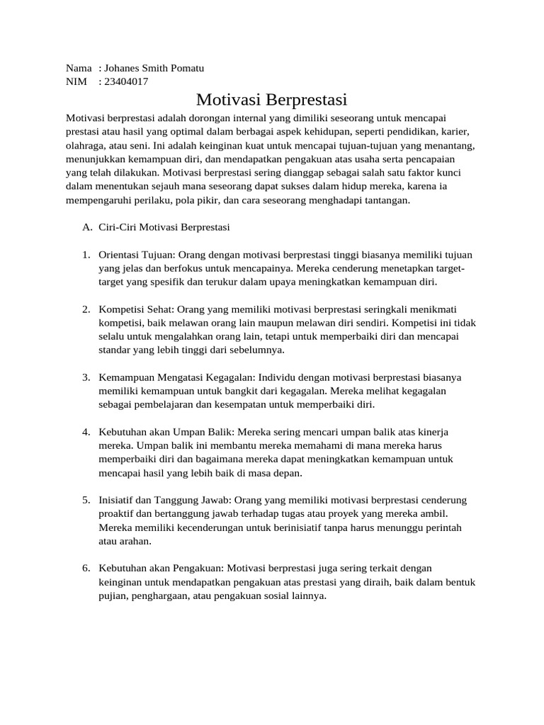 Tugas Kewirausahaan Pengertian Motivasi Berprestasi | PDF