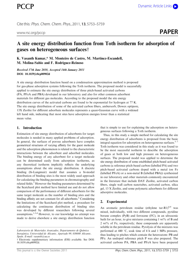 Paper: A Site Energy Distribution Function From Toth Isotherm For ...