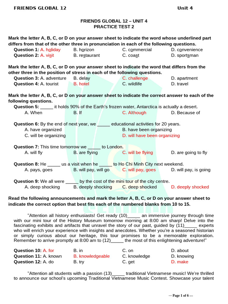 Friends Global 12 Unit 4 Practice Test | PDF | Ho Chi Minh City
