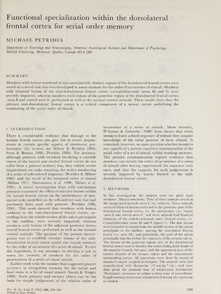 Petrides 1991 - Dorsolateral frontal cortex for serial order memory ...