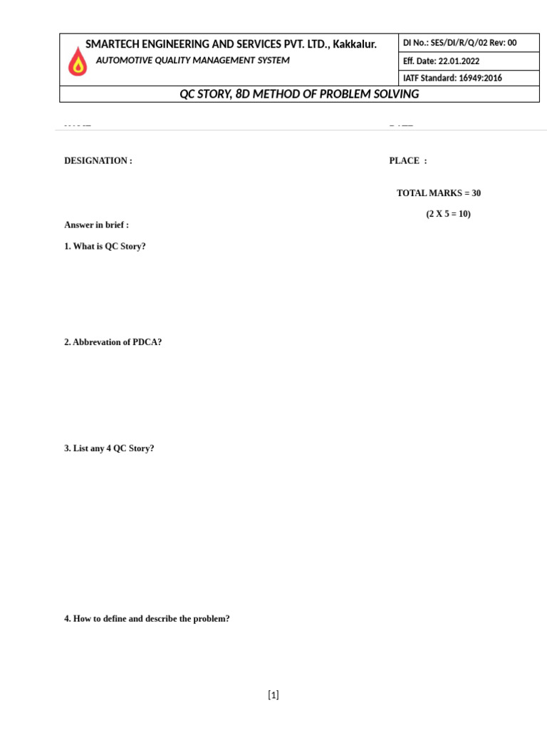 02 QC Story & 8D Methodology Questionnaire | PDF