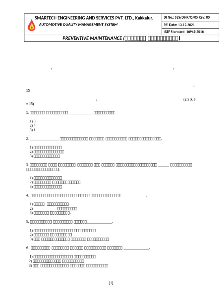 05 Preventive Maintenance Questionnaire | PDF