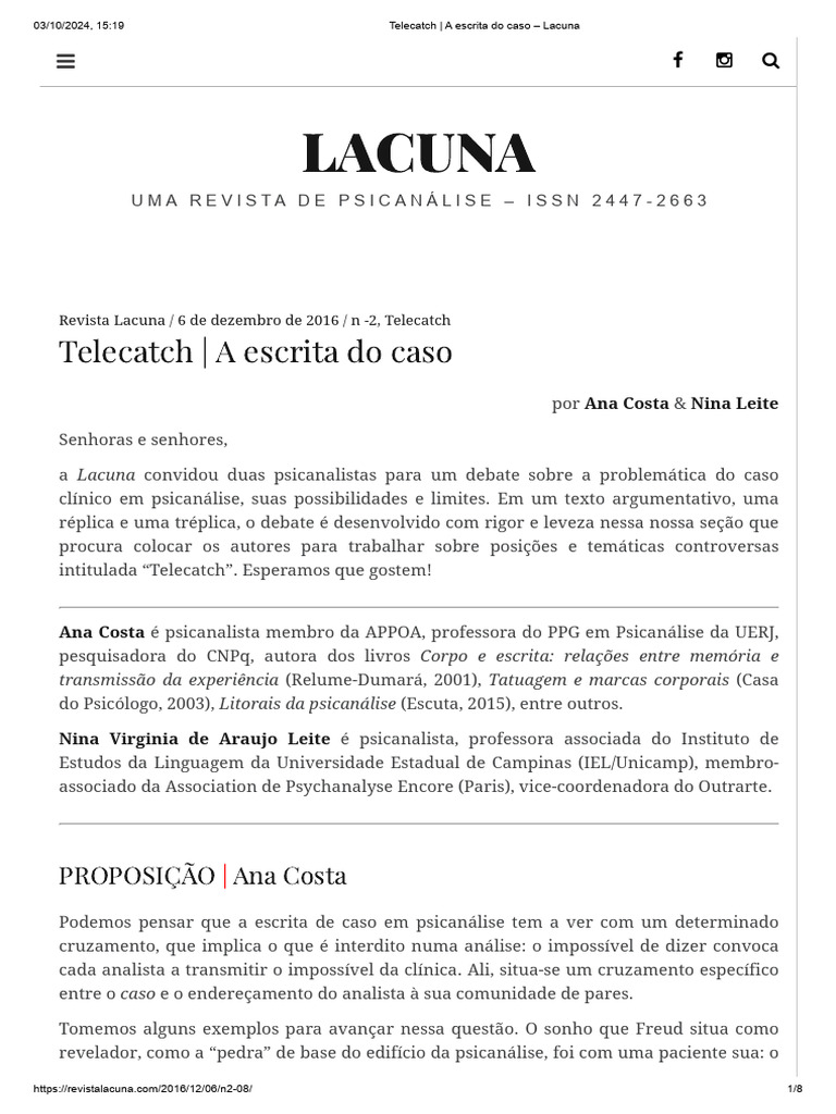 Telecatch - A Escrita Do Caso - Lacuna | PDF | Jacques Lacan | Psicanálise
