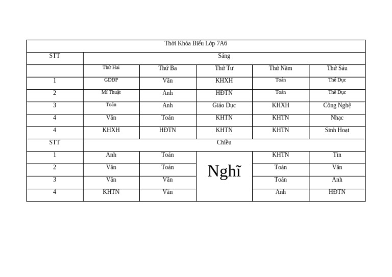 Thời Khóa Biểu Lớp 7A6 | PDF