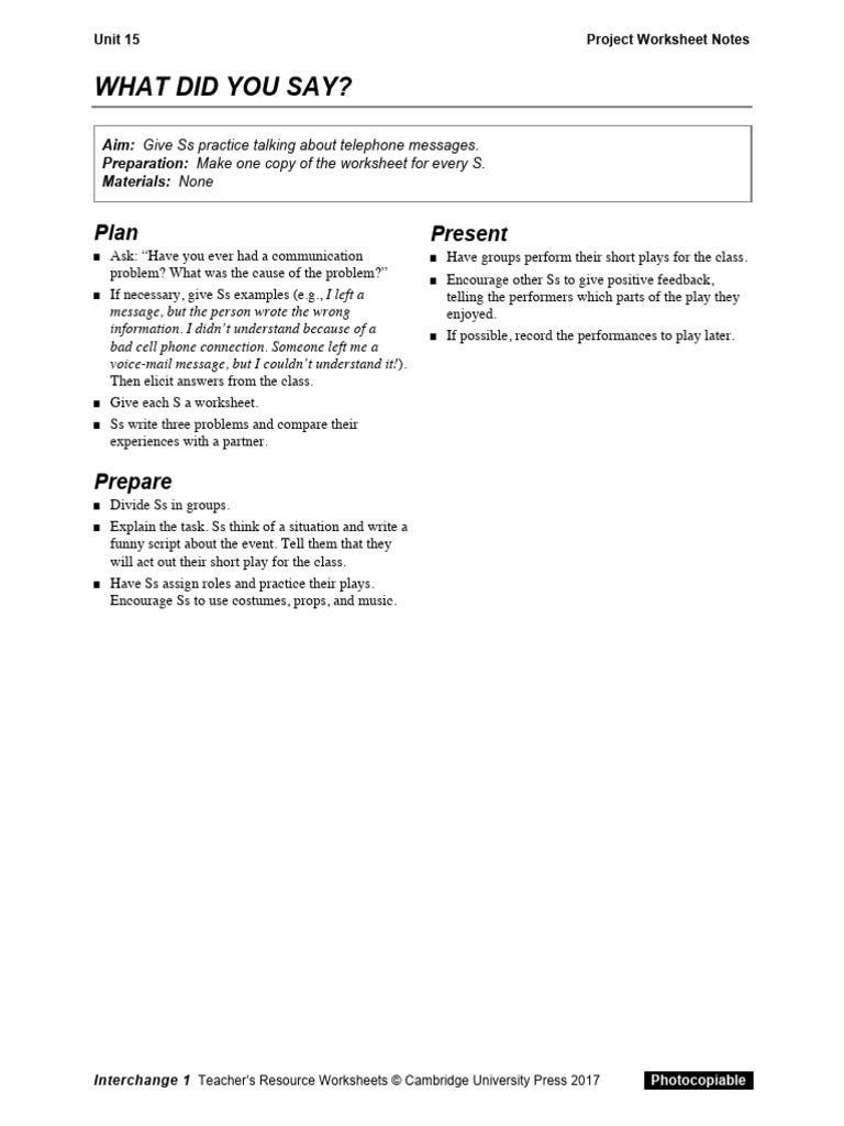 Interchange 1 - Unit 15 - Lesson 2 - Project Worksheet | PDF | Communication | Human Communication