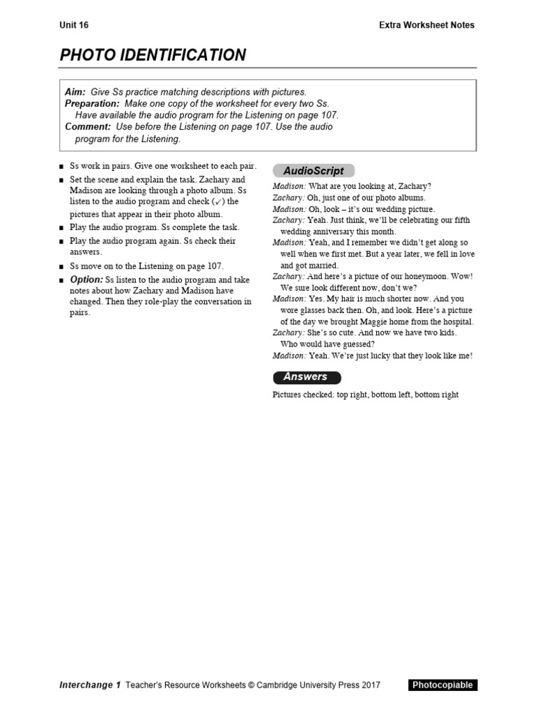 Interchange 1 - Unit 16 - Lesson 1 - Extra Worksheet | PDF