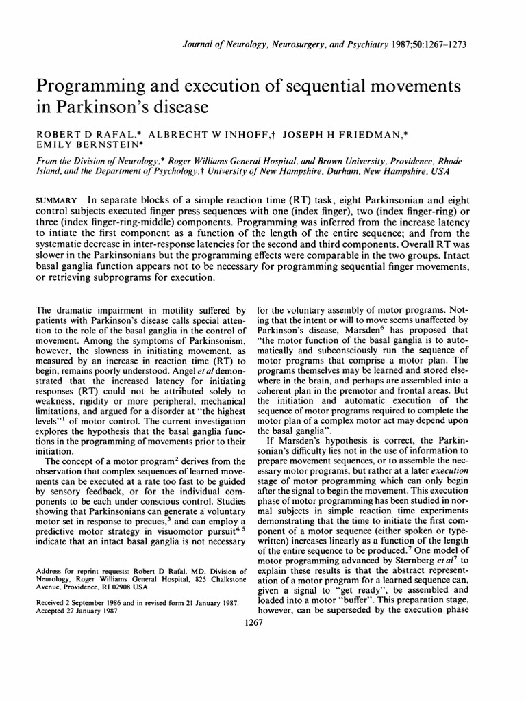 Rafal Et Al 1987 - Programming and Execution of Sequential Movements in Parkinsons Disease | PDF ...