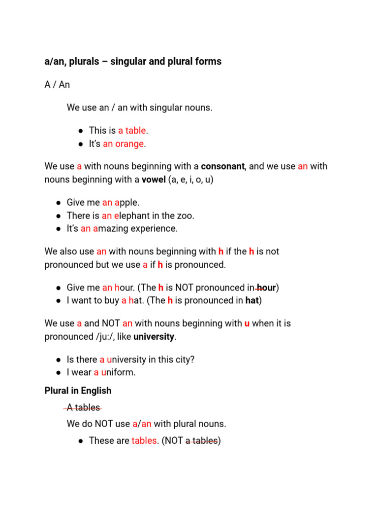 a_an, plurals – singular and plural forms | PDF | Plural | English Language