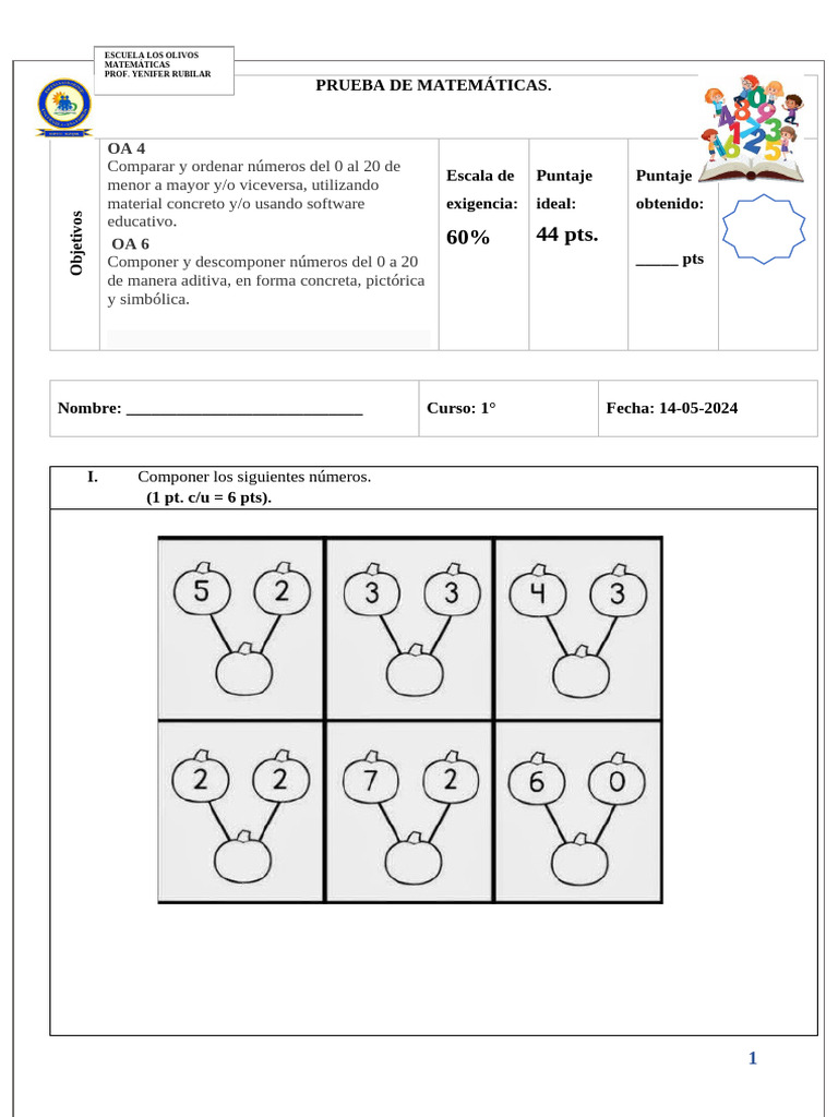 PRUEBA DE MATEMATICAS 1° Sumas y Restas | PDF
