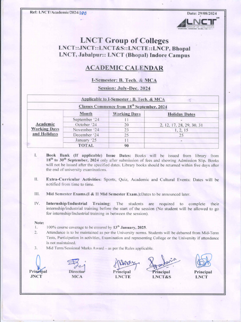 Academic Calendar B. Tech Mca I Sem Session 2024 25pdf | PDF