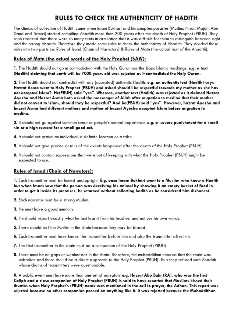 Rules To Check The Authenticity of Hadith New | PDF | Hadith | Sharia