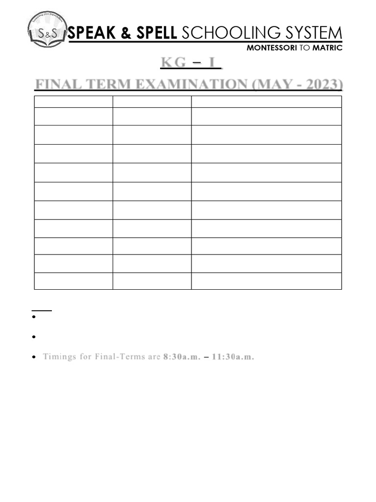 KG-I Timetable and Syllabus | PDF