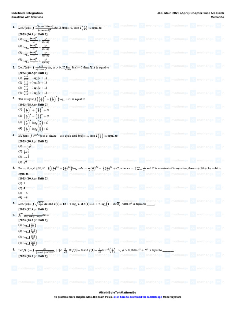 Indefinite Integration - JEE Main 2023 April Chapterwise PYQ - MathonGo | PDF | Mathematics ...