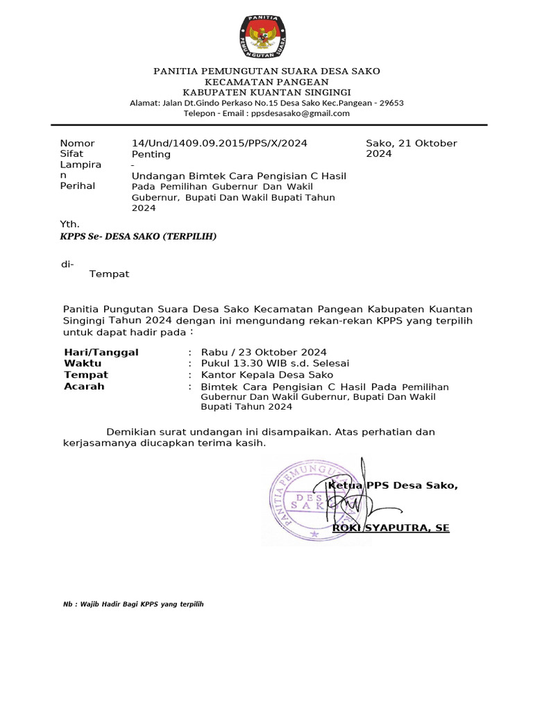 Undangan Bimtek KPPS Sako | PDF