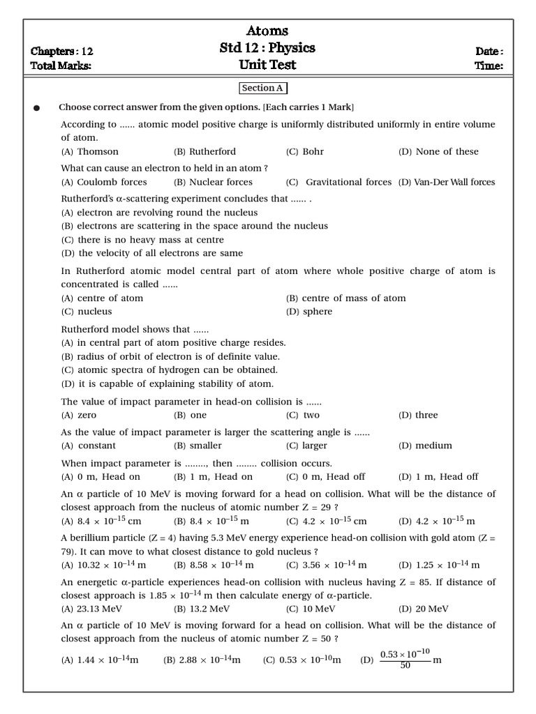 MCQ-Atoms-MCQ-Practice Questions | PDF | Atoms | Molecular Physics