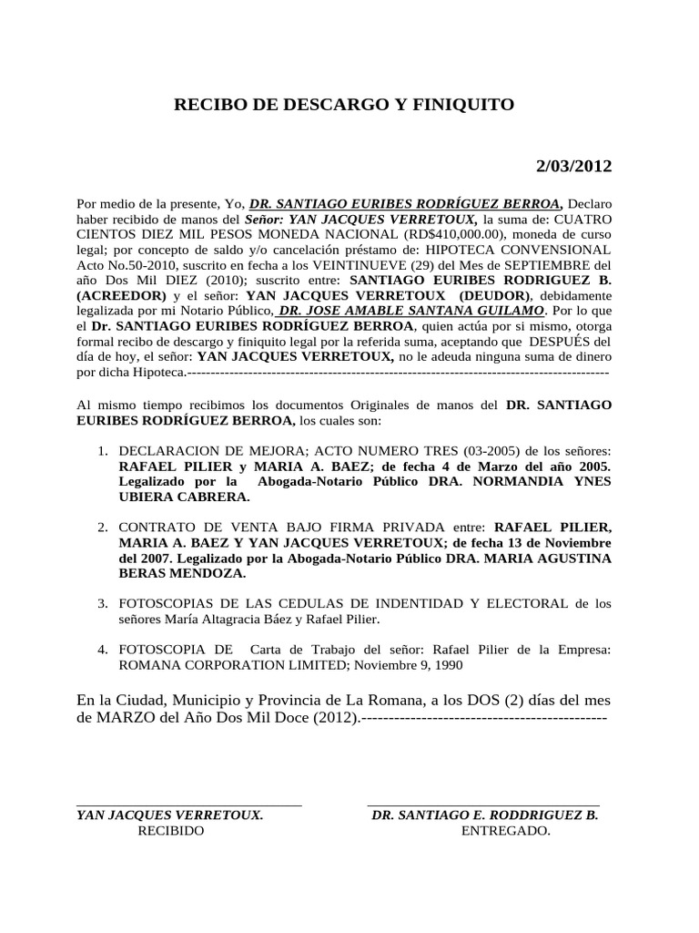 RECIBO DE DESCARGO Y FINIQUITO (Modelo) | PDF