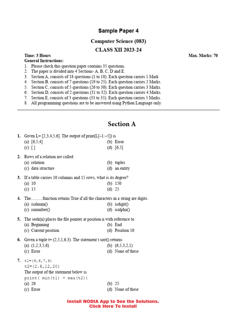 CS Sample Paper 4 | PDF | Parameter (Computer Programming) | Computer Network