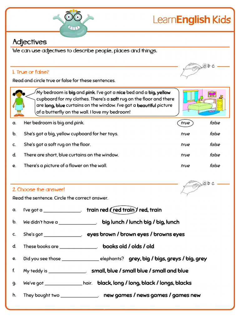 Adjective Grammar Exercises for Kids | PDF
