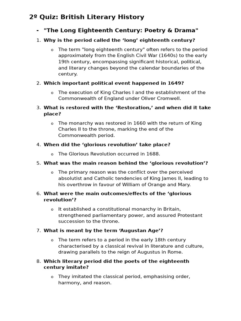 2º Quiz - British Literary History - Study Questions | PDF | Novels ...