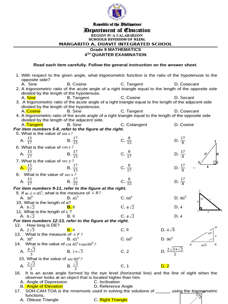 4th math 9 key | PDF | Trigonometric Functions | Triangle