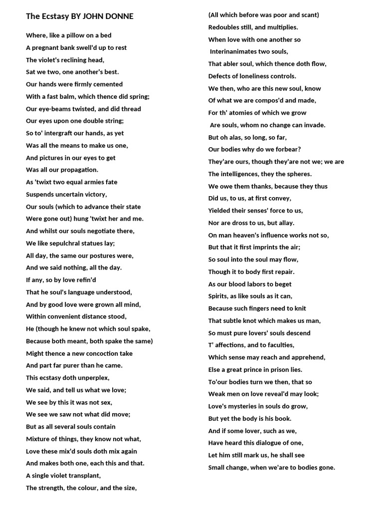 The Ecstasy BY JOHN DONNE | PDF