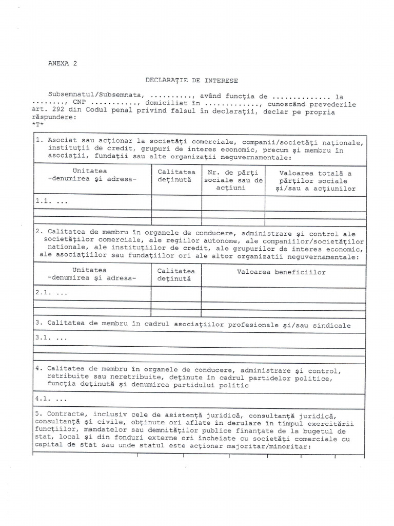 Declaratia de Interese Si de Avere - Model | PDF