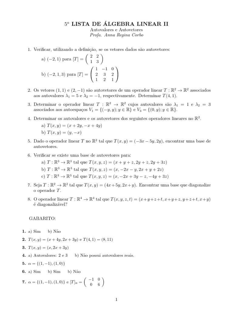 Lista de Exercícios de Álgebra Linear | PDF