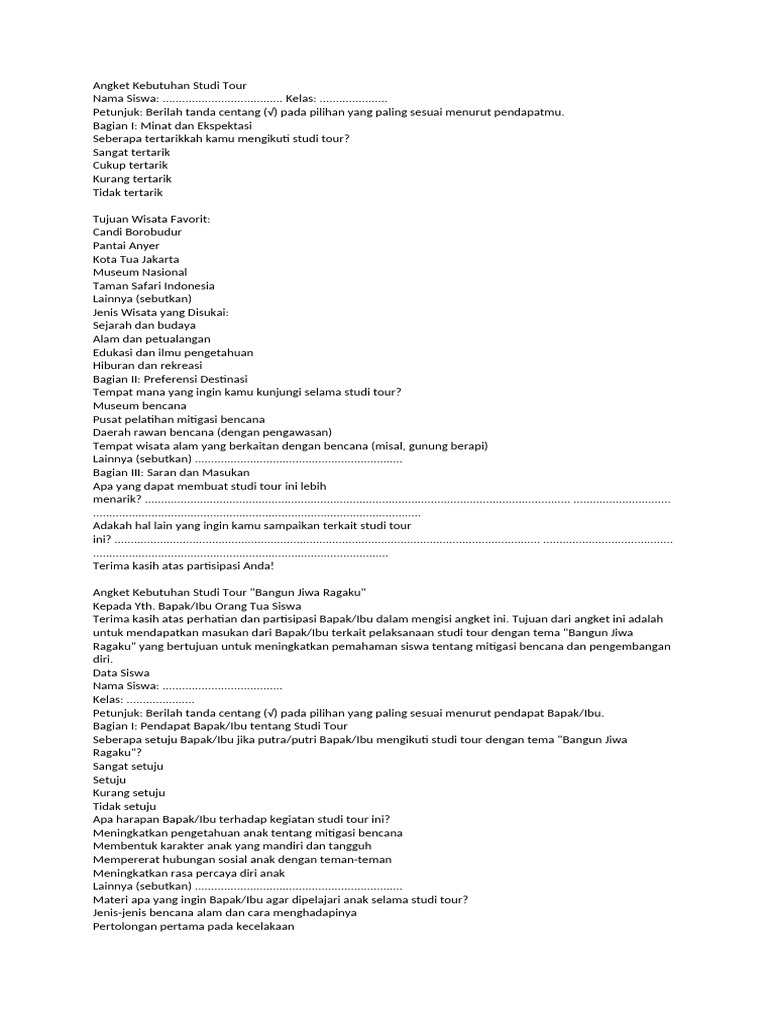 Angket Kebutuhan Studi Tour Siswa | PDF