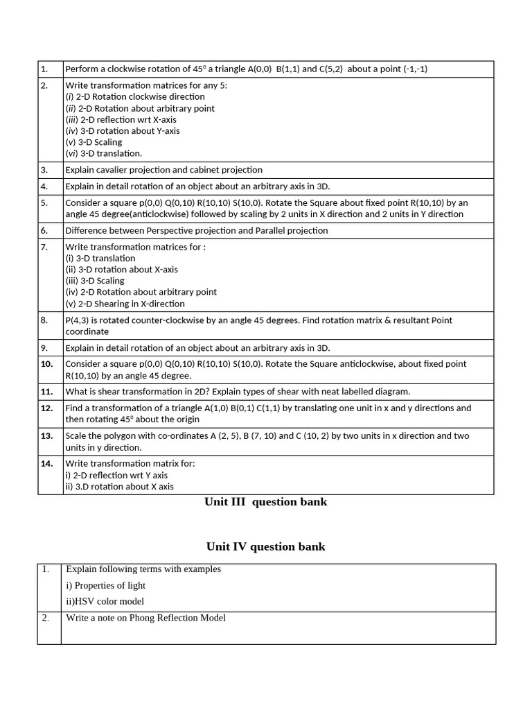 3 and 4 Unit Question Bank | PDF | Cartesian Coordinate System | Geometry