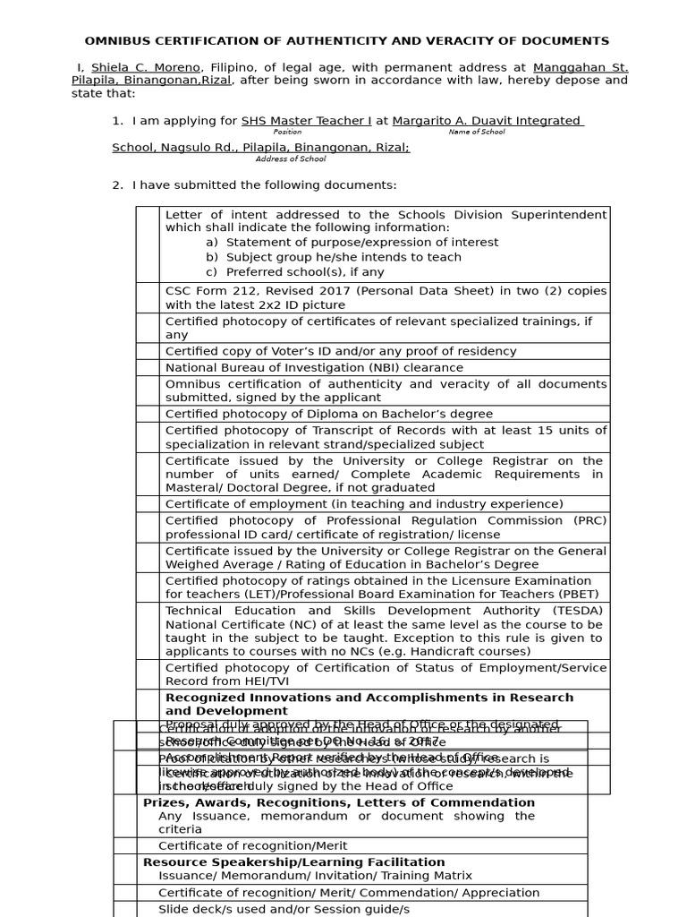 Omnibus Certification of Authenticity and Veracity of Documents | PDF | Academic Degree