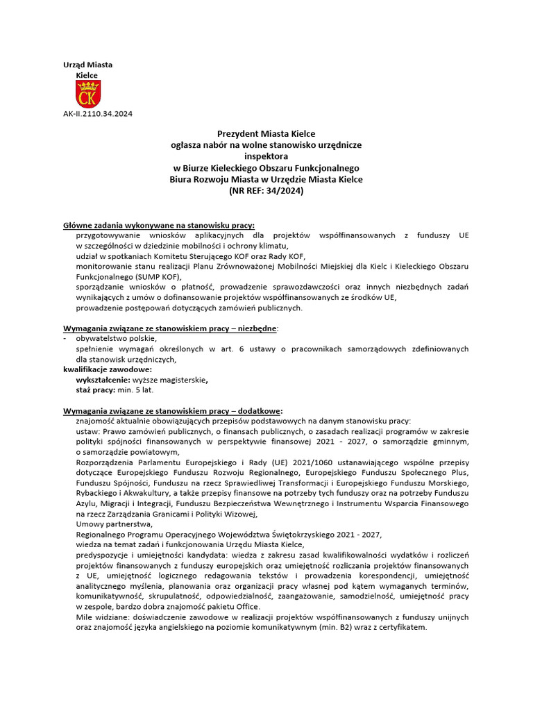 Nabor Na Stanowisko Inspektora Rm 342024 | PDF