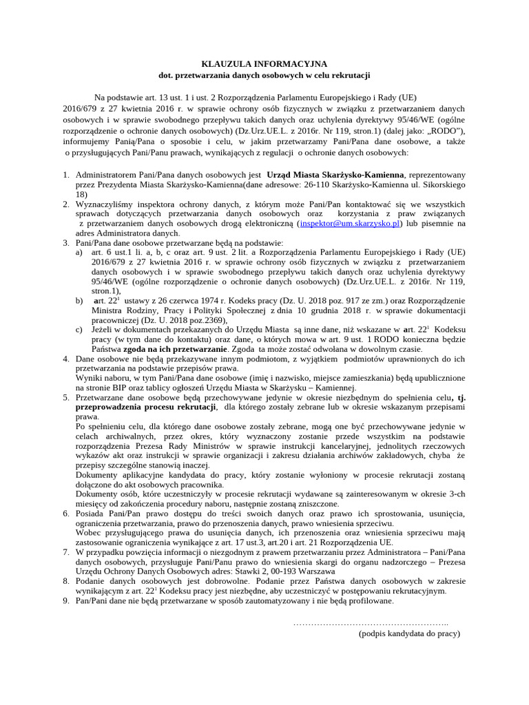 KLAUZULA INFORMACYJNA Art 13 RODO Do Rekrutacji Poprawione Od Agaty | PDF