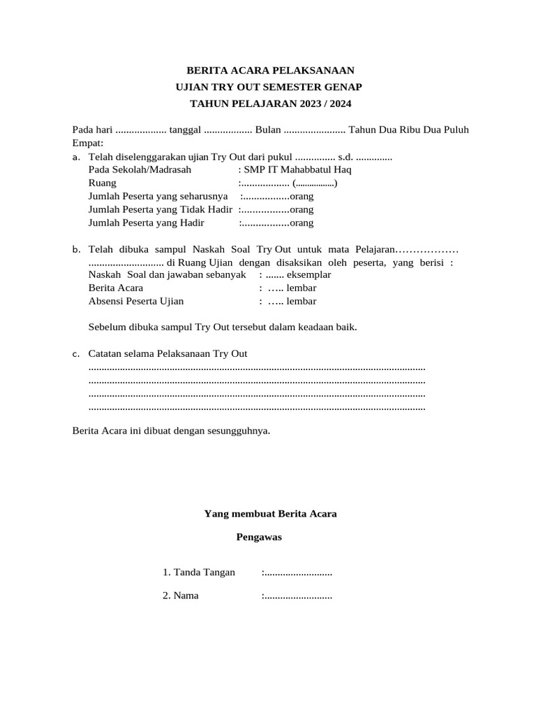 Berita Acara Ujian Try Out | PDF