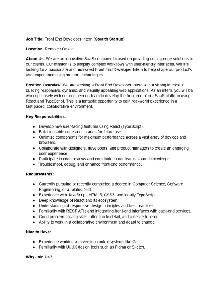 JD - Front End Developer Intern (Stealth Startup) | PDF | Software As A Service | User Interface