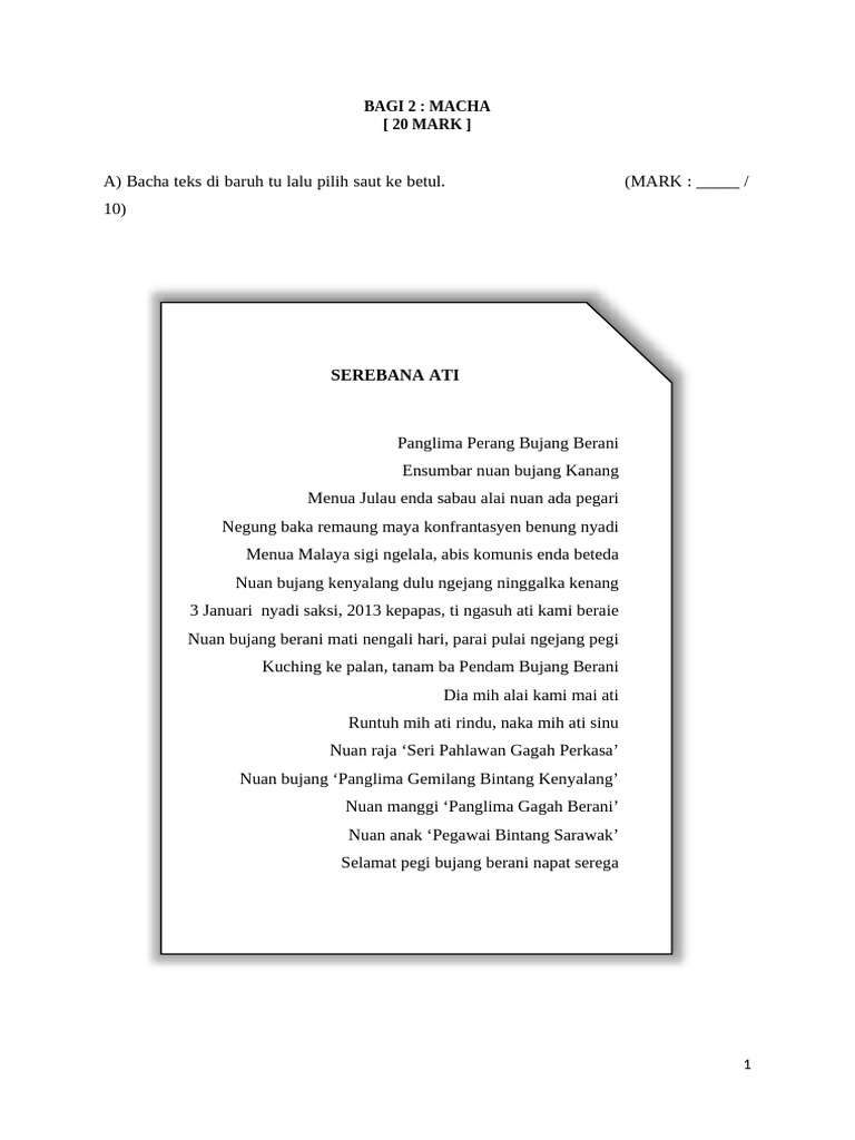 Keretas Peresa Bahasa Iban Taun 4 Semester 1 (Macha & Jalai Jaku) 2020 | PDF