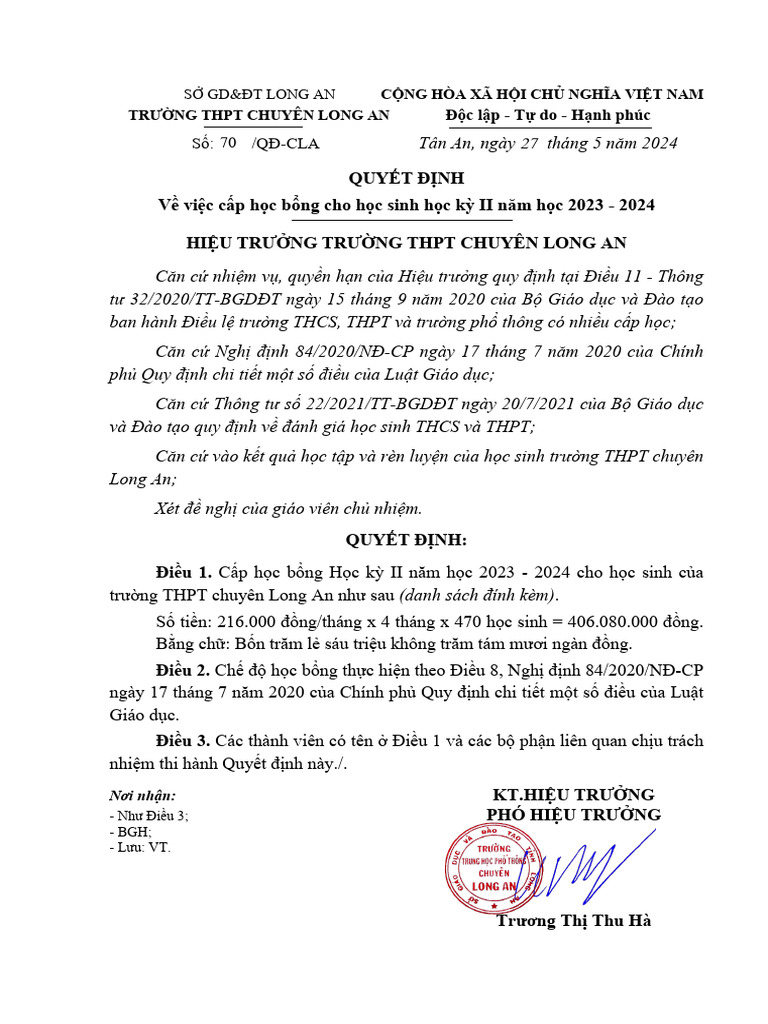 70 - QĐ-CLA - 27-05-2024 - QD cấp học bổng HK2 2023-2024.signed | PDF