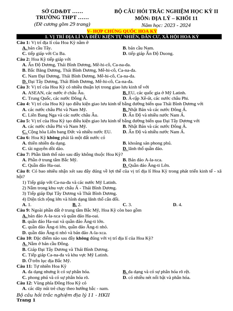 ĐỊA 11 - HKII - TRẮC NGHIỆM - K11 - 23 - 24 | PDF