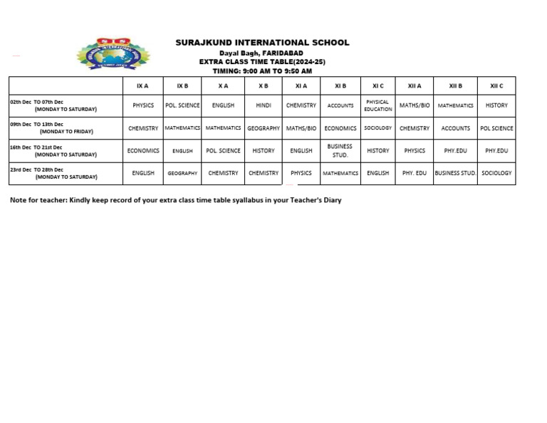Extra Class Time Table Dec24 Zero Period-1 | PDF