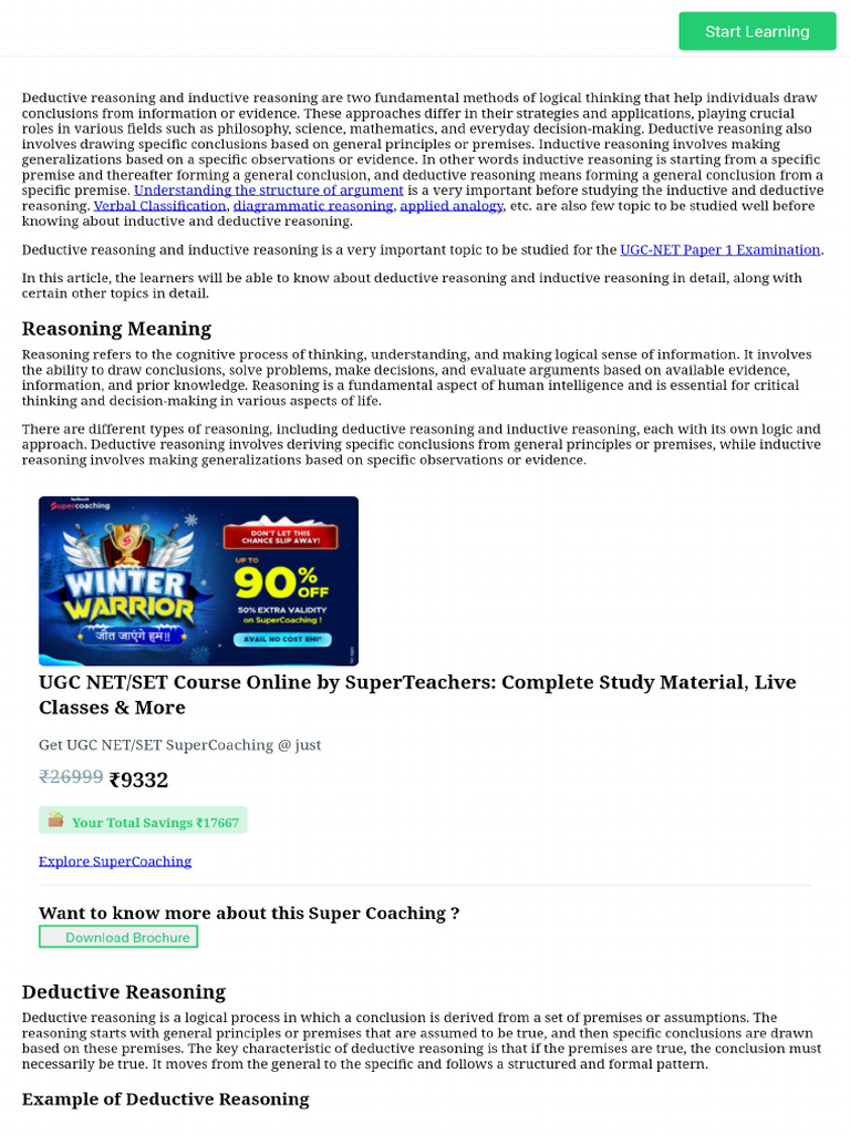 Deductive Reasoning and Inductive Reasoning Study Notes For Exams | PDF