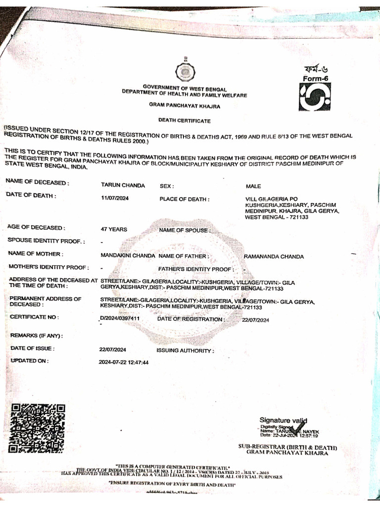 Warrish Death Certificate | PDF
