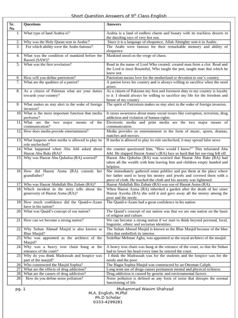 9th Eng. Questions Answers | PDF | Preposition And Postposition | Noun