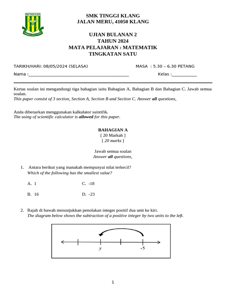 Soalan Matematik Tingkatan Satu | PDF