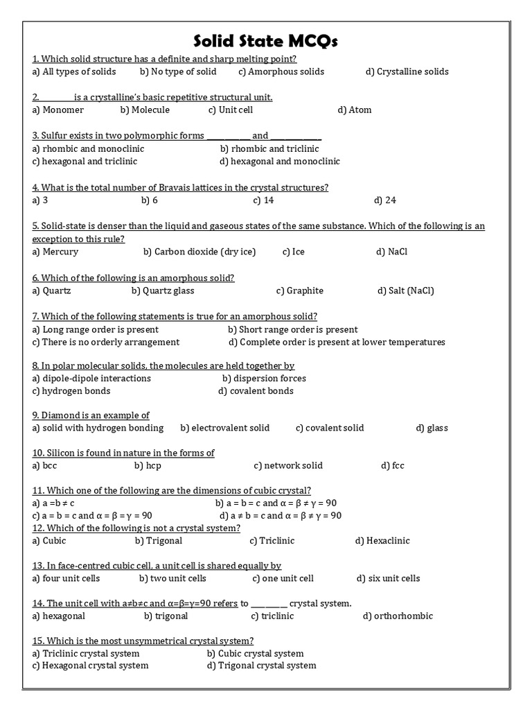 Solid State MCQs | PDF | Crystal Structure | Solid