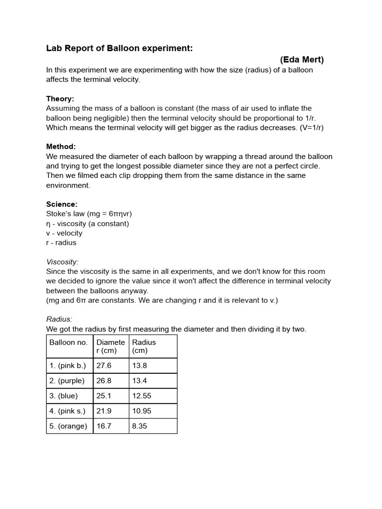 Eda Mert Lab Report, A2 Balloon Drop | PDF | Viscosity | Velocity